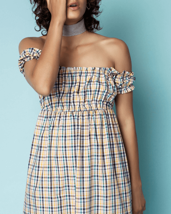 Navy Blue Yellow Red Check Plaid Fabric | Multi Color Cotton Tattersal